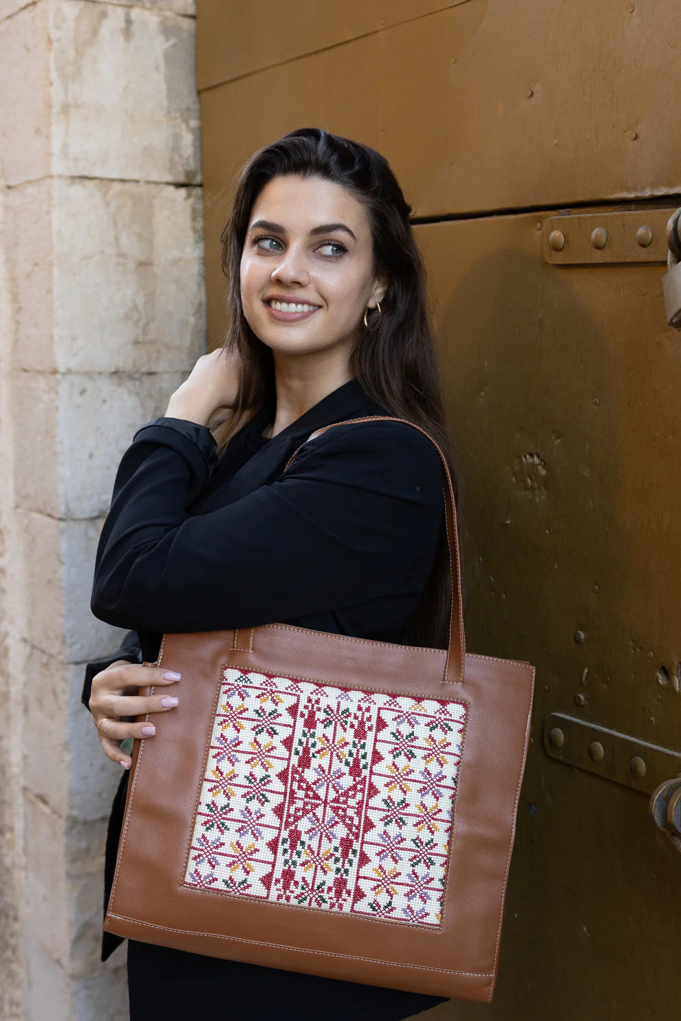 Brown Leather Embroidered Tote Bag | Homegrown Market