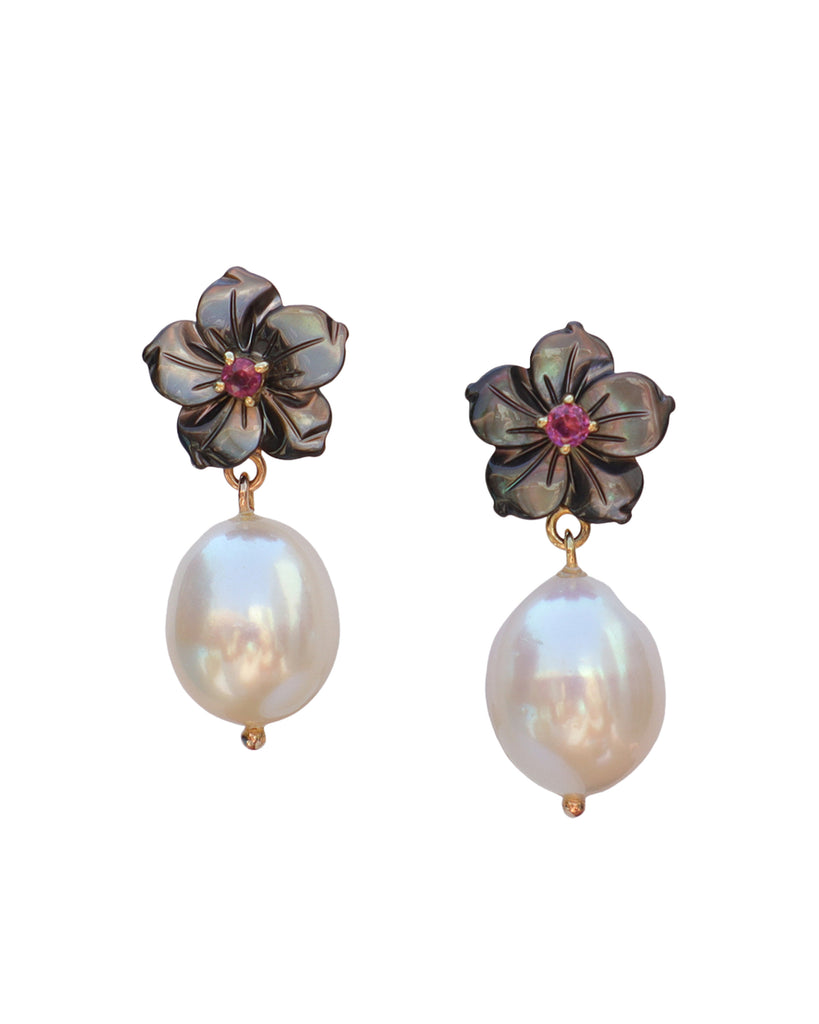 Black Mother of Pearl Flower Drop Earring in 18K Gold | Homegrown Market